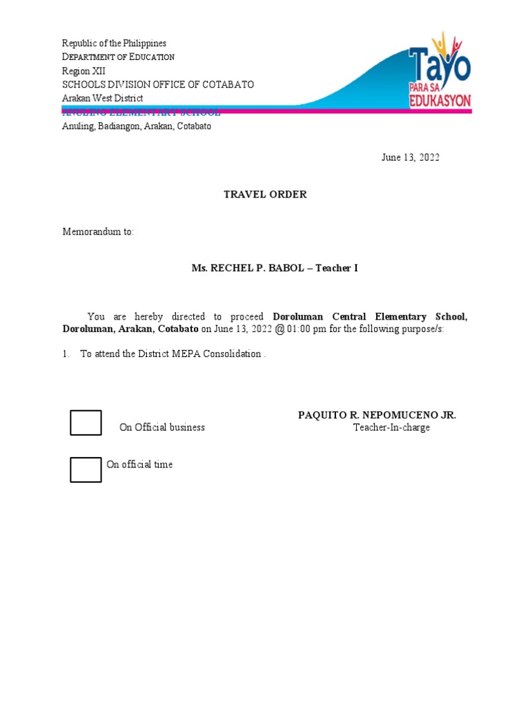 Travel Order | PDF | Philippines | Public Administration