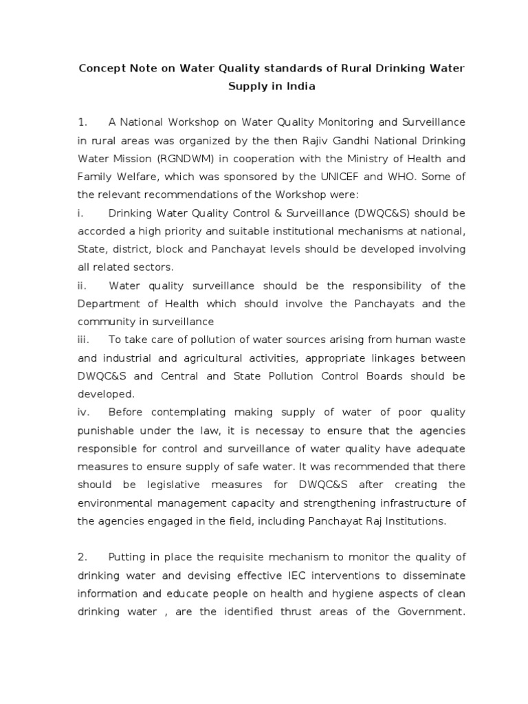 Concept Note On Water Quality Standards of Rural Drinking Water Supply ...