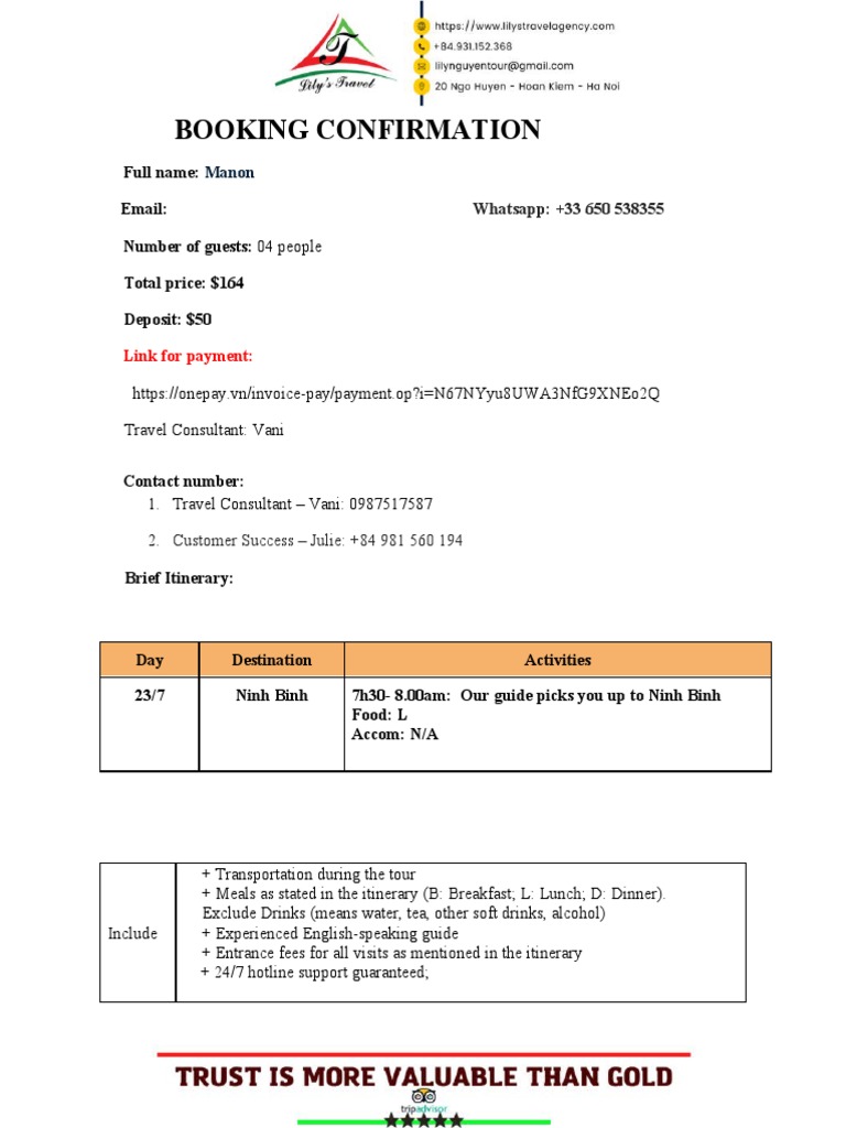 Booking Confirmation - Manon | PDF