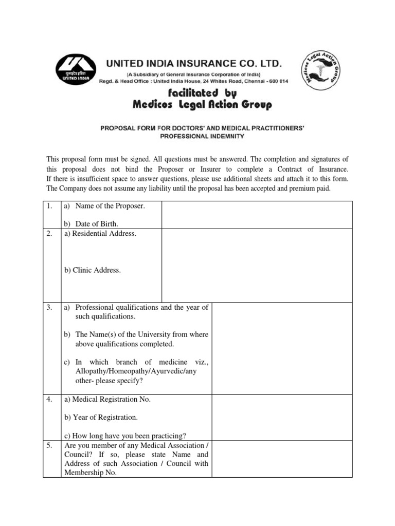 Doctor's Indemnity Proposal Form | Download Free PDF | Insurance ...