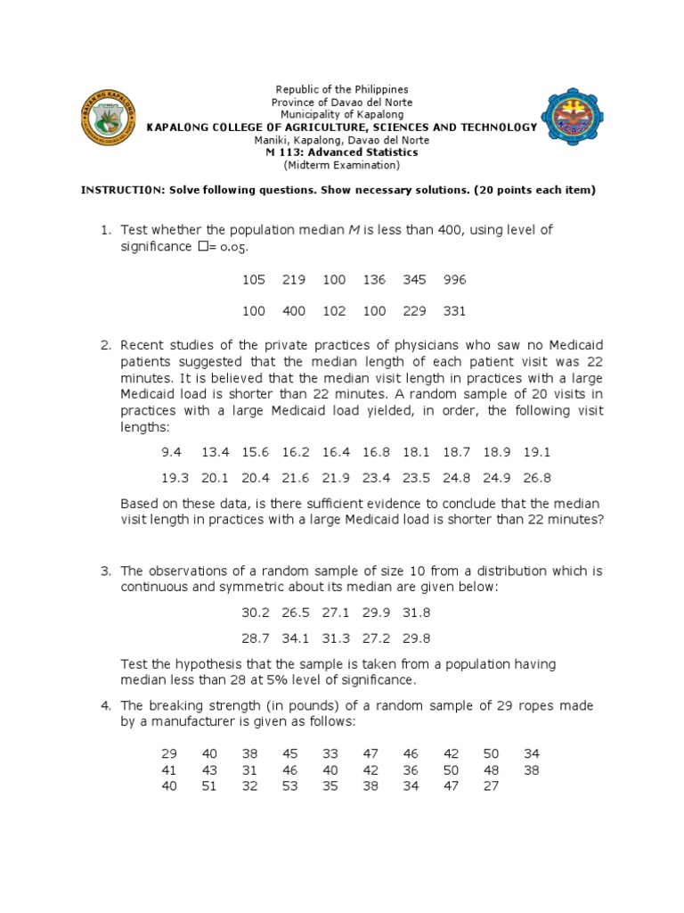 Advanced Stat - Midterm | PDF | Sampling (Statistics) | Median