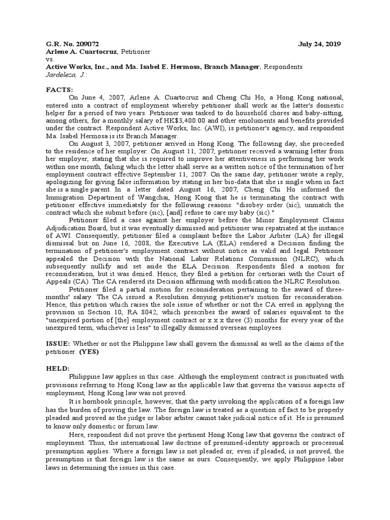CASE No. 46 Arlene A. Cuartocruz vs. Active Works Inc. and Ma. Isabel E. Hermosa Branch Manager ...