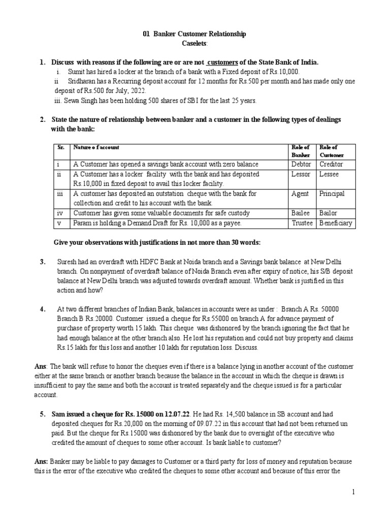 01 Caselets On Banker Customer Relationship | PDF | Banks | Cheque