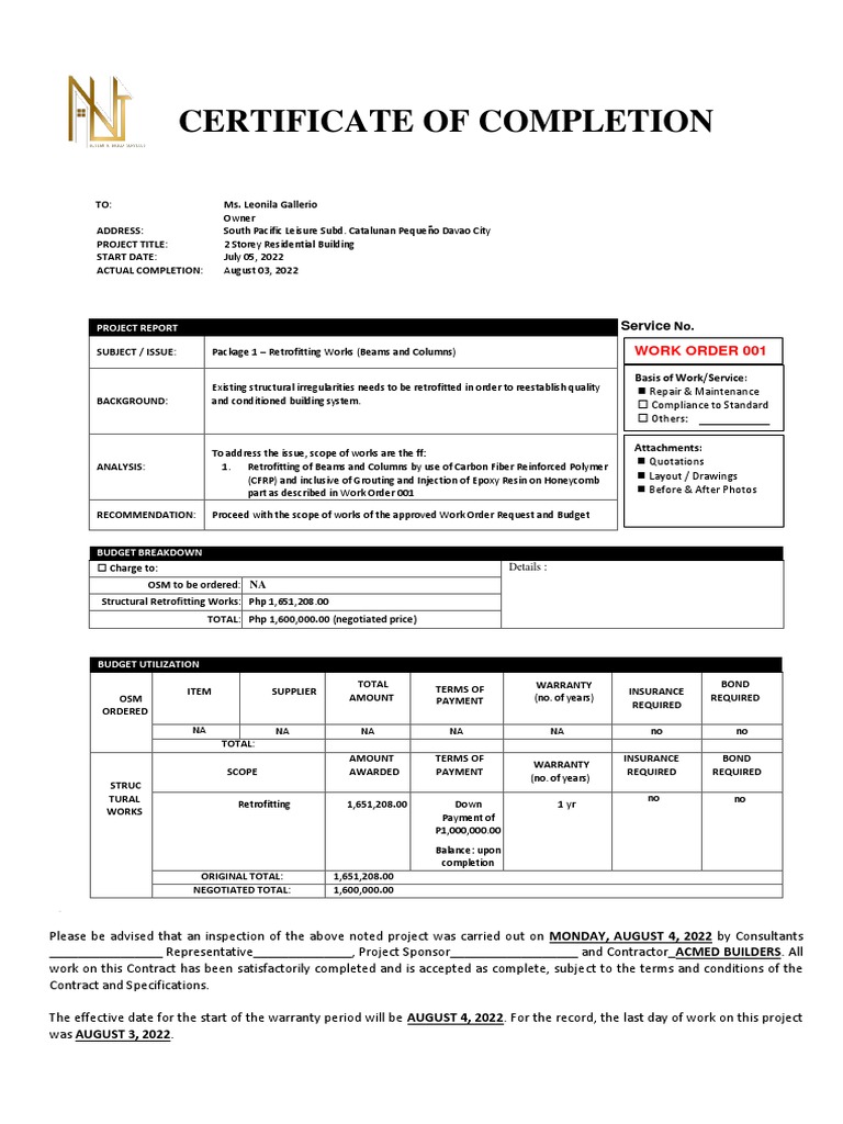 Certificate of Completion: Retrofitting Works | PDF | Economic Sectors