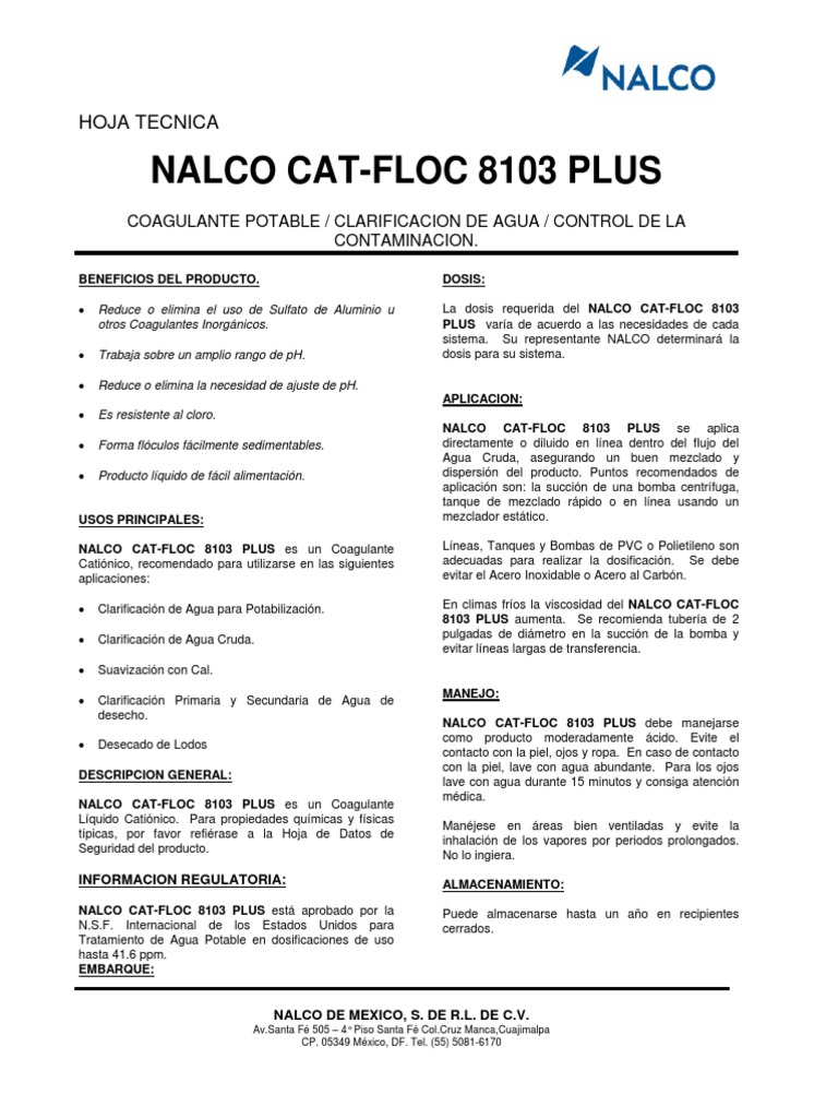 Nalco Cat-Floc 8103 Plus (HT) | PDF | Agua | Agua potable