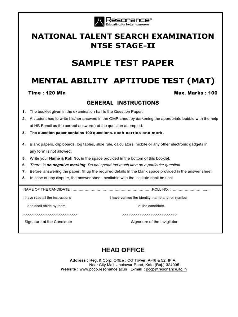 NTSE Stage II MAT Paper Sol STP | PDF | Test (Assessment)