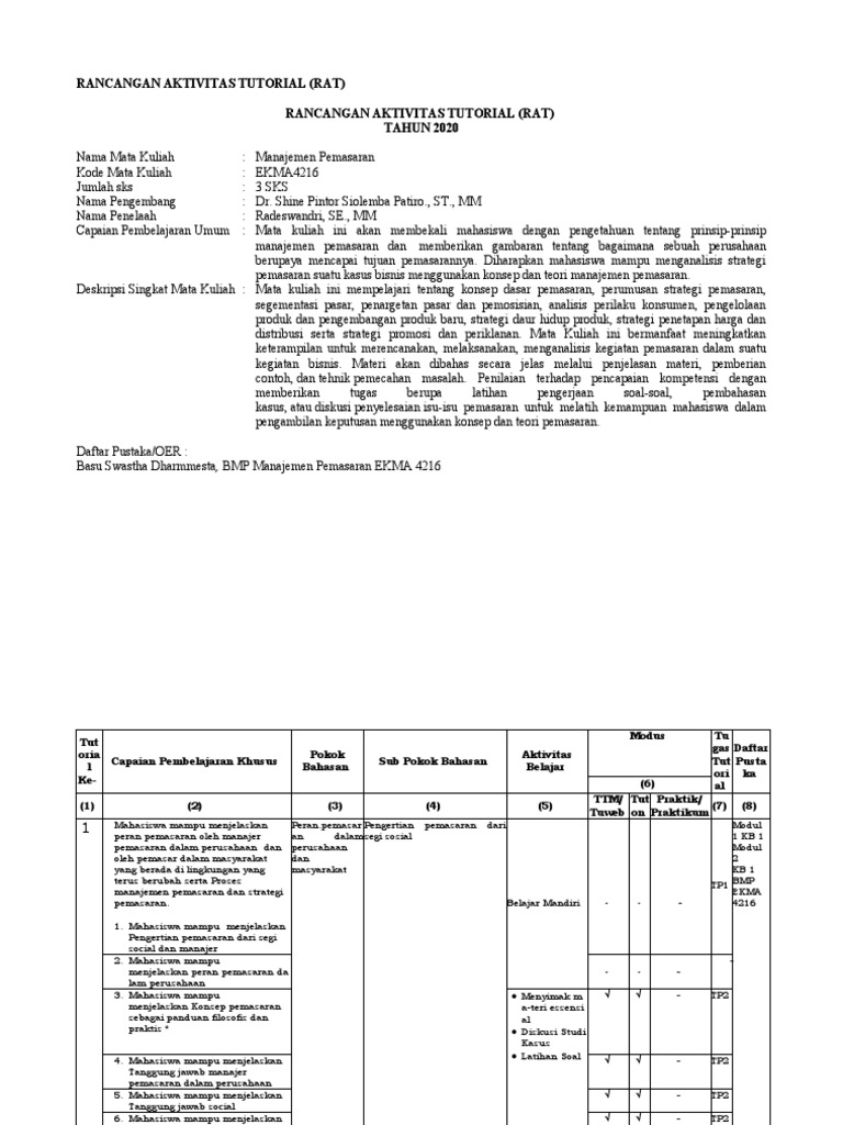 Rancangan Aktivitas Tutorial (Rat) Rancangan Aktivitas Tutorial (Rat) TAHUN 2020 | PDF