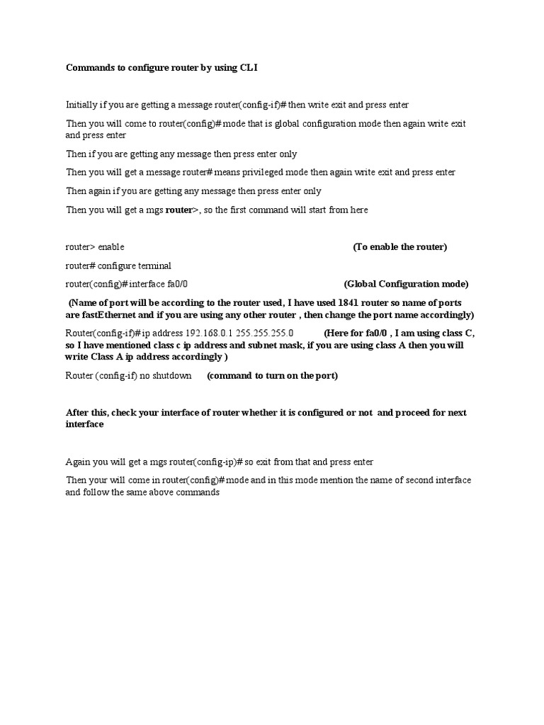 CLI Commands To Configure Router | PDF