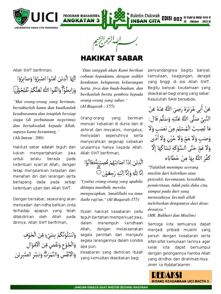 Buletin Dakwah 002 - HAKIKAT SABAR | PDF