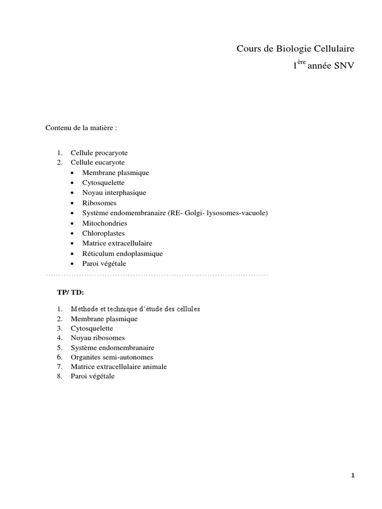 Partie 1. Cours de BioCell 1ASNV | PDF | Virus | Cellule (Biologie)