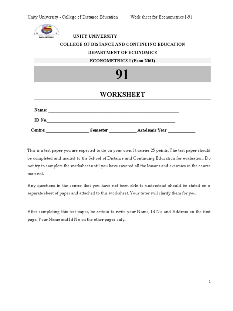 Econometrics I Worksheet and Exam Guide | PDF | Regression Analysis ...