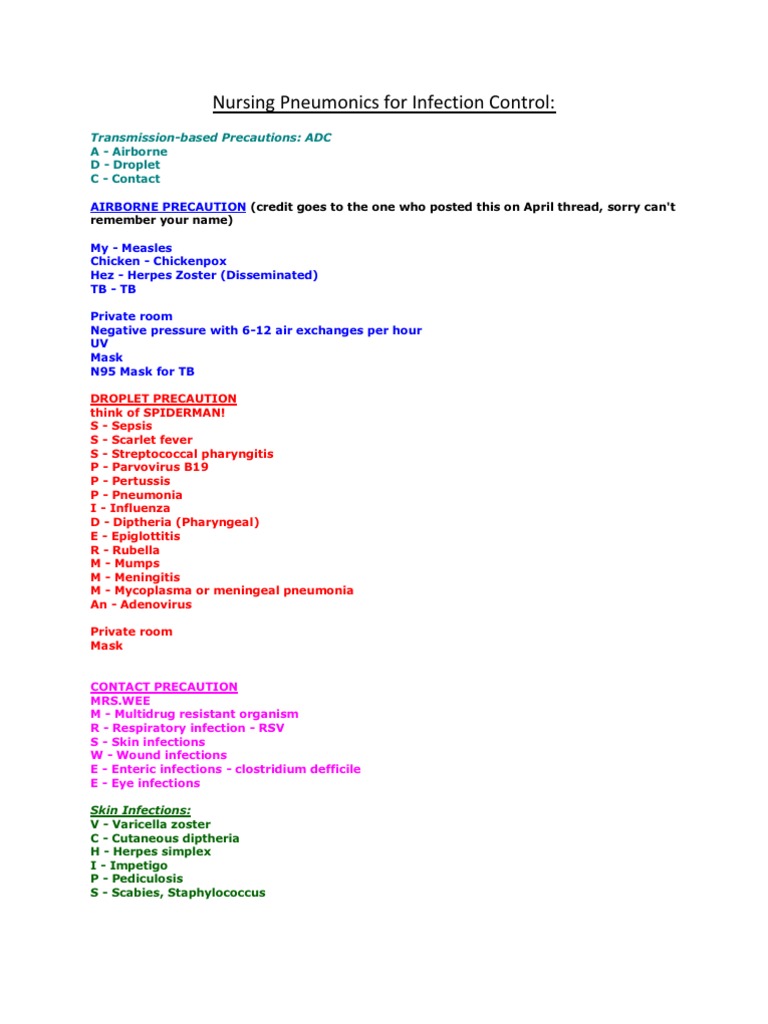 Nursing Pneumonics For Infection Control | PDF