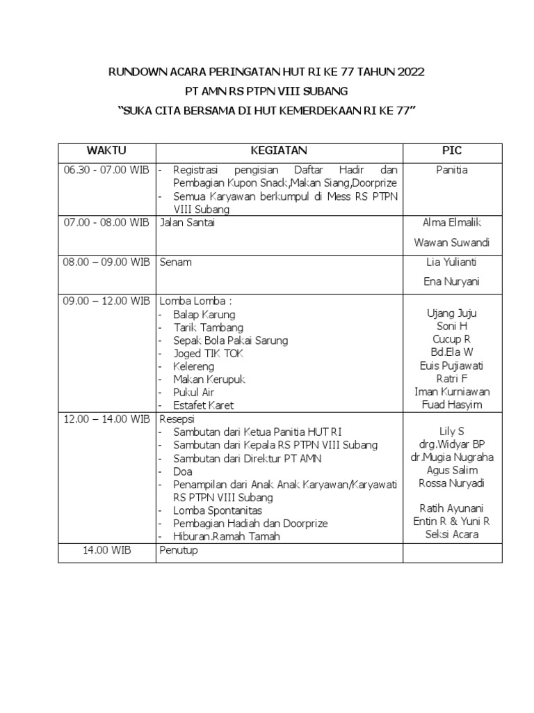 Rundown Acara Peringatan Hut Ri Ke 77 Tahun 2022 | PDF
