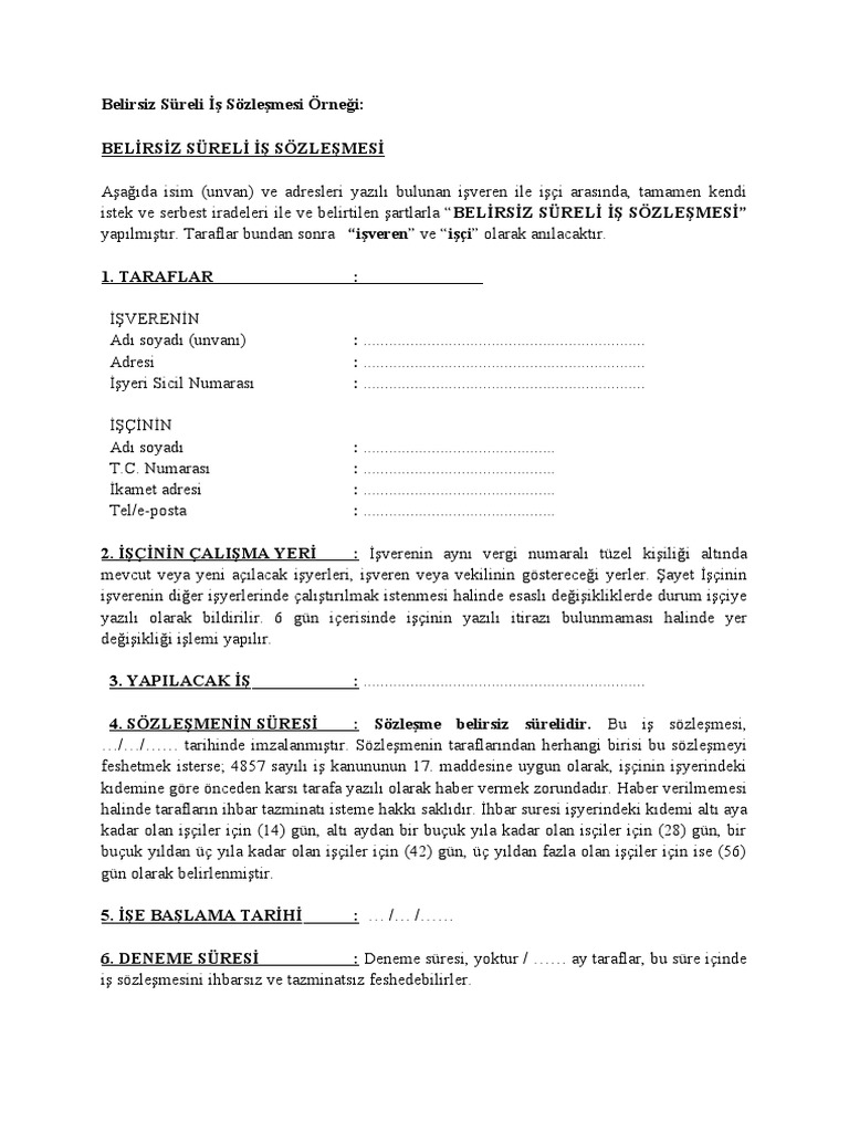 Belirsiz Sureli Is Sozlesmesi Ornegi | PDF