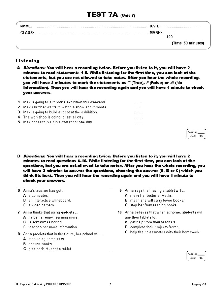26 Legacy A1 Test 7a | PDF | Communication