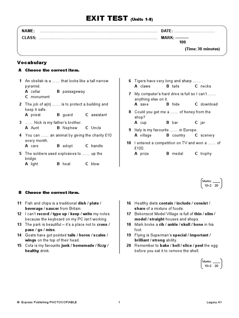 30 Legacy A1 Exit Test | PDF | Foods | Food And Drink