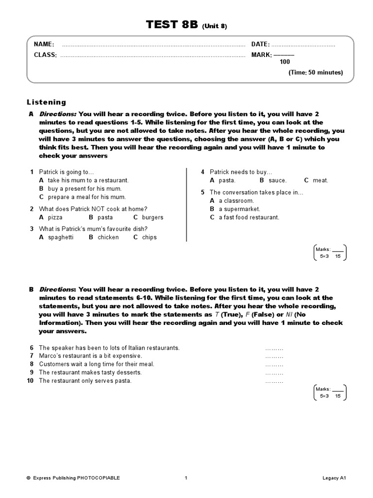 29 Legacy A1 Test 8b | PDF | Home | Foods
