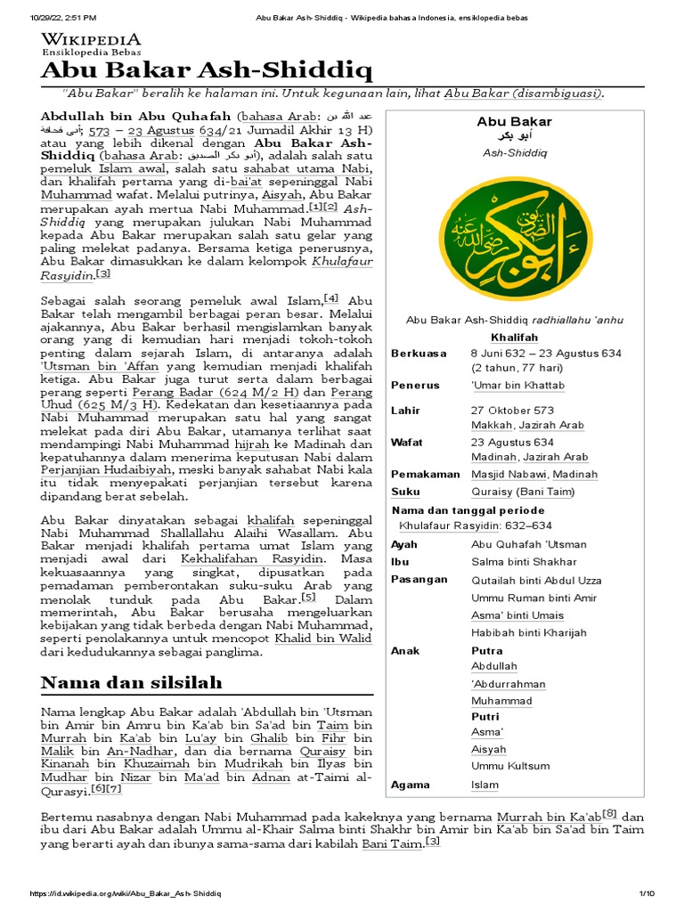 Biografi Singkat Khalifah Pertama Islam, Abu Bakar Ash-Shiddiq | PDF