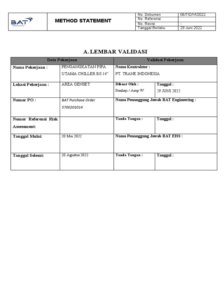 06-Method Statement - Manual Llifting Pipa Mainline Area Genset | PDF