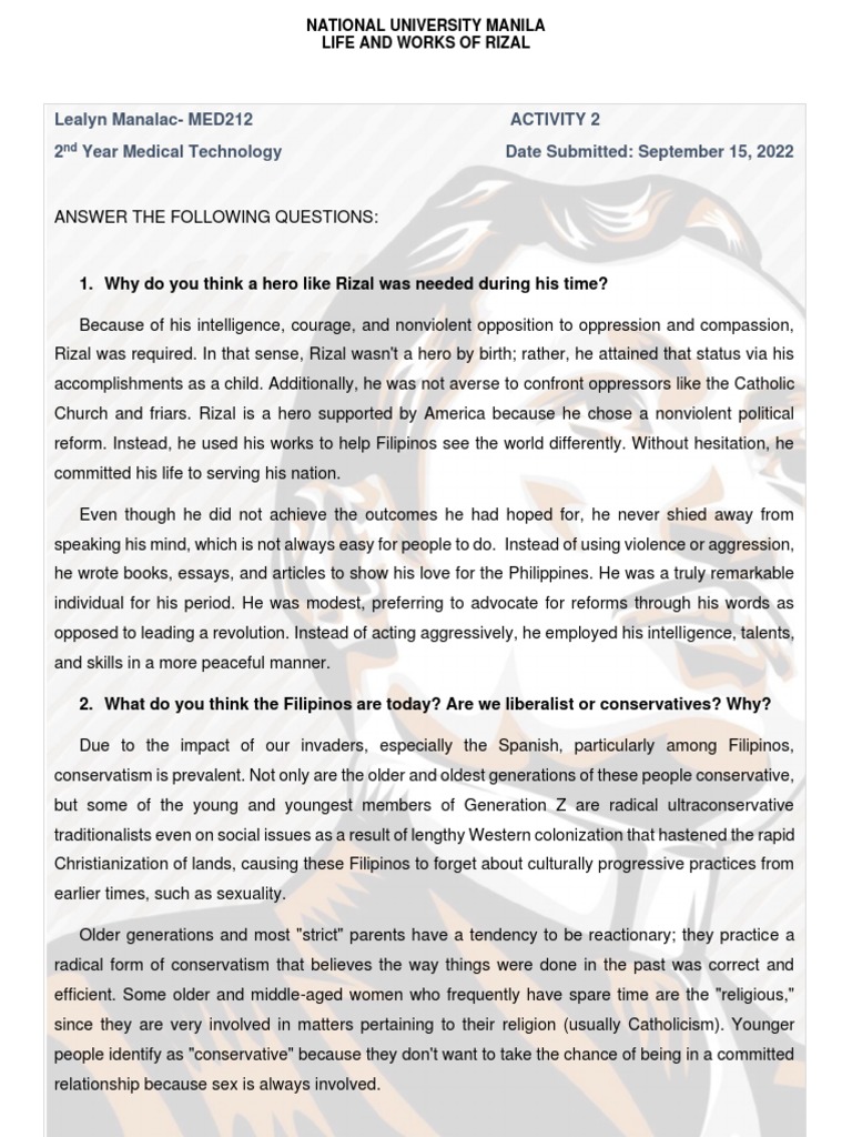 Life and Works of Rizal - Activity 2 Manalac | PDF | Conservatism | Philippines
