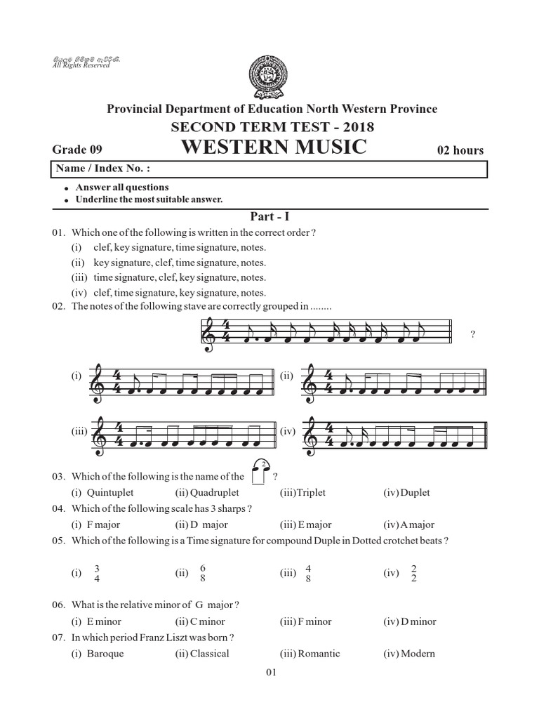 Grade 09 Western Music Test 2018 | PDF | Pitch (Music) | Musical Notation