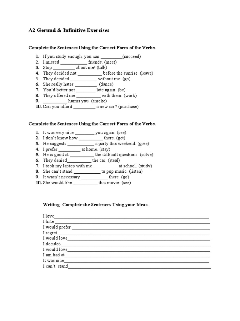 A2 Gerund & Infinitive Exercises | PDF | Cognitive Science | Semantic Units