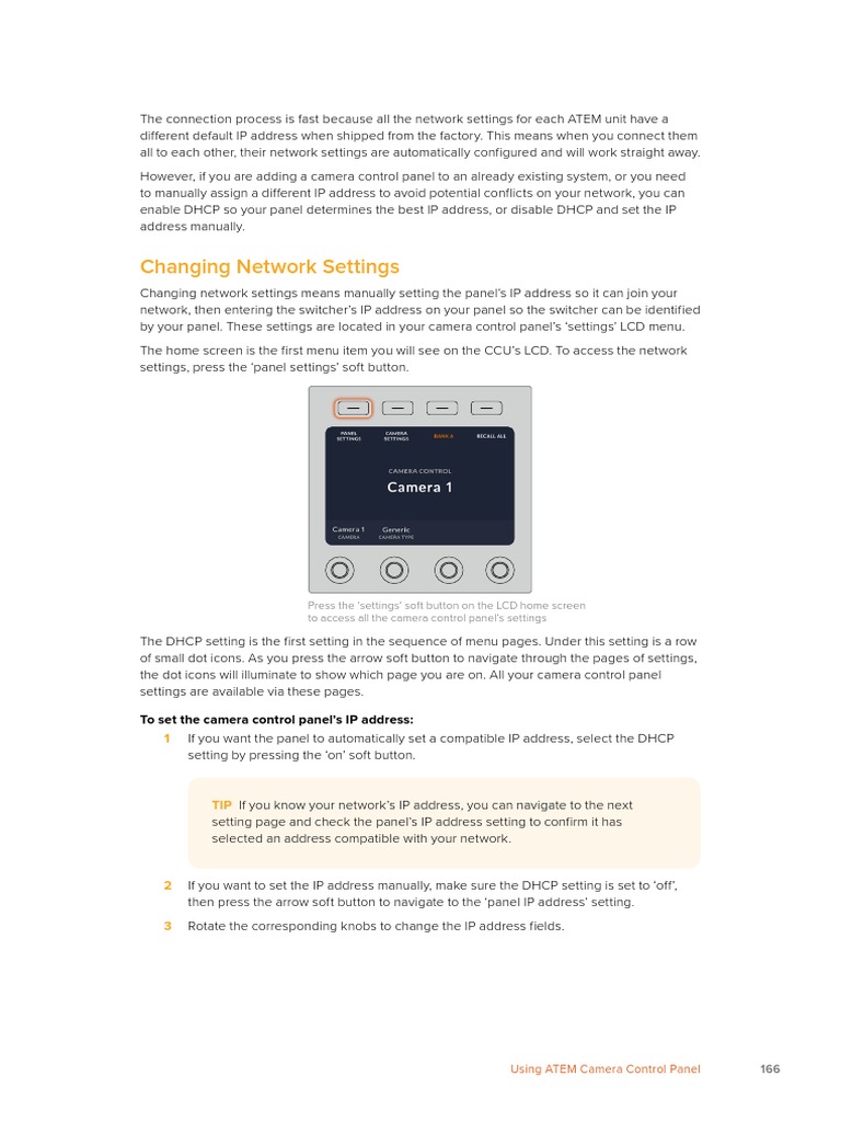 Changing Network Settings: To Set The Camera Control Panel's IP Address ...
