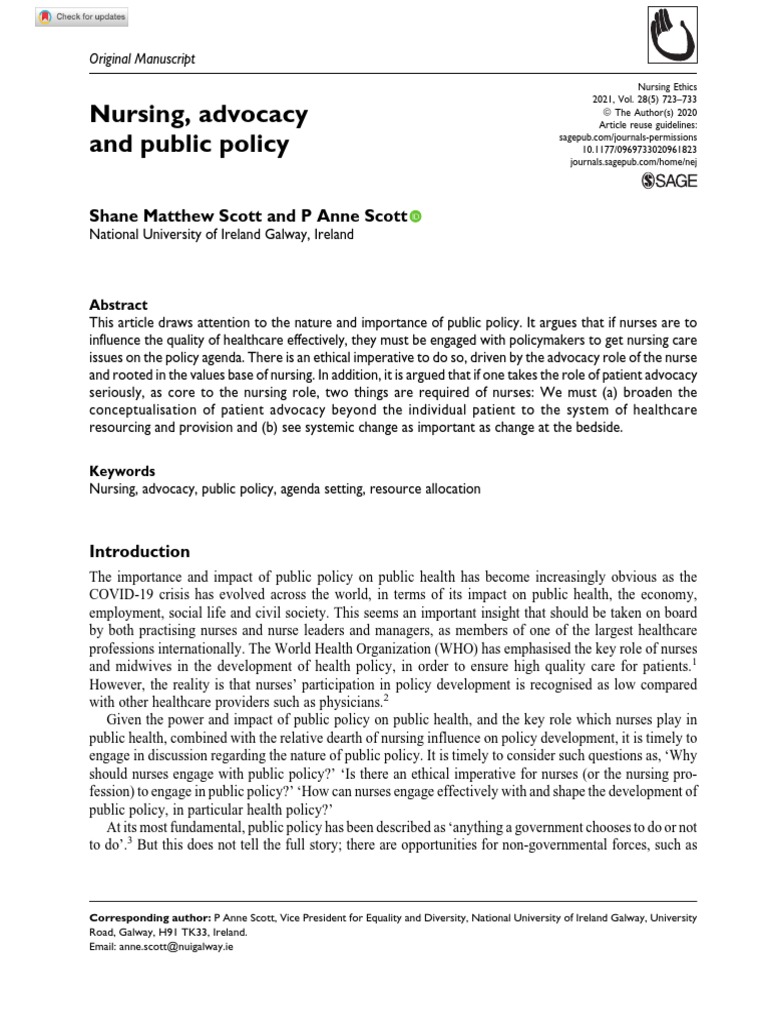 Nursing, Advocacy and Public Policy: Shane Matthew Scott and P Anne ...