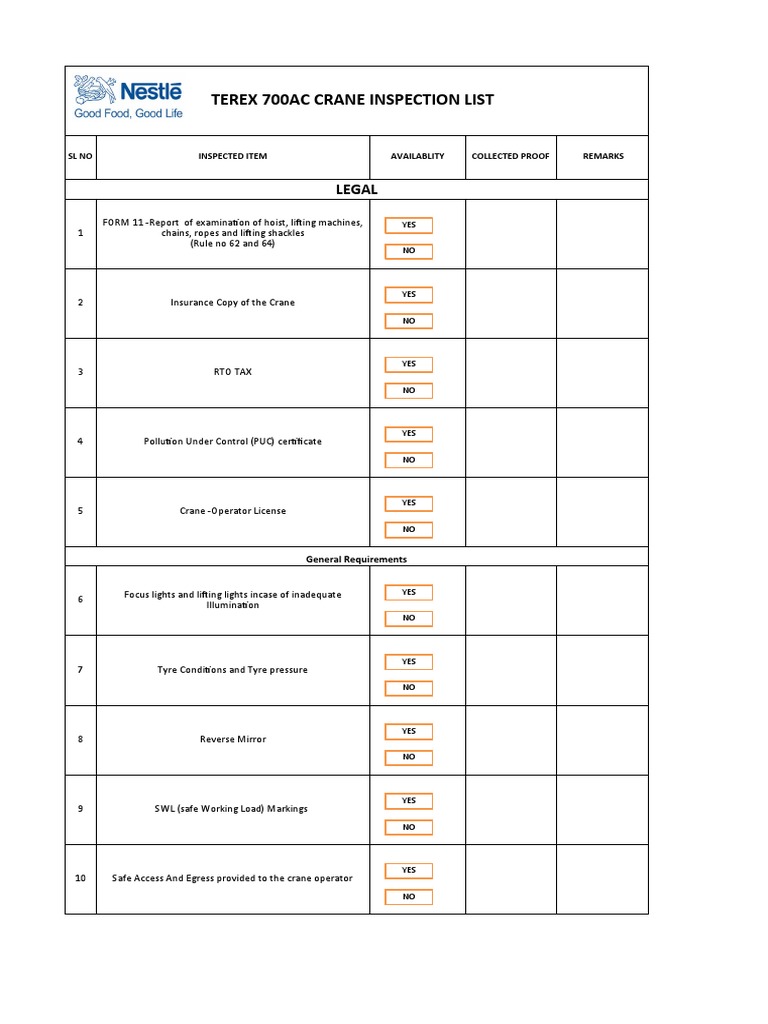 Terex 700AC Crane Inspection Checklist | PDF | Crane (Machine) | Tools