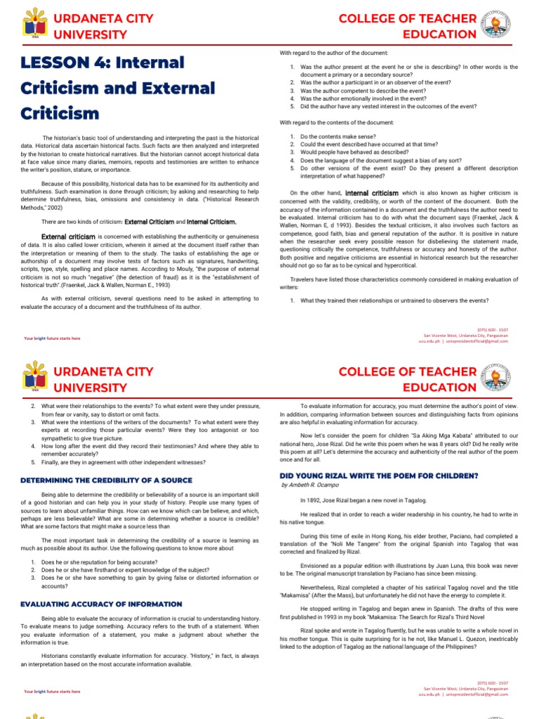 Lesson 4 Internal and External Criticism WORD | PDF | Philippines Lesson 4 Internal and External Criticism WORD | PDF | Philippines