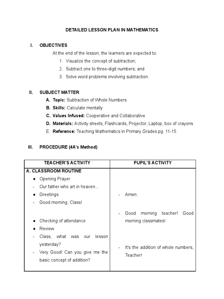 Detailed Lesson Plan in Mathematics PDF | PDF | Subtraction | Cognitive ...