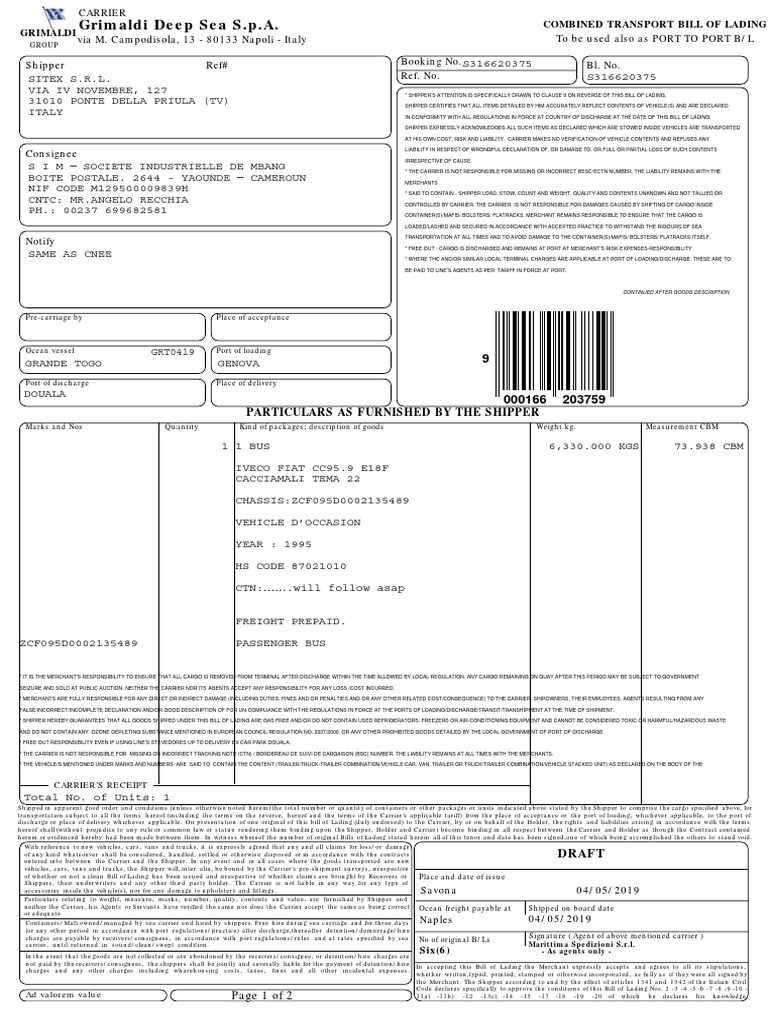 Grimaldi Combined Transport Bill of Lading | PDF | Cargo | Bill Of Lading