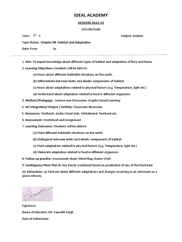 Habitat and Adaptation Lesson Plan | PDF | Science & Mathematics