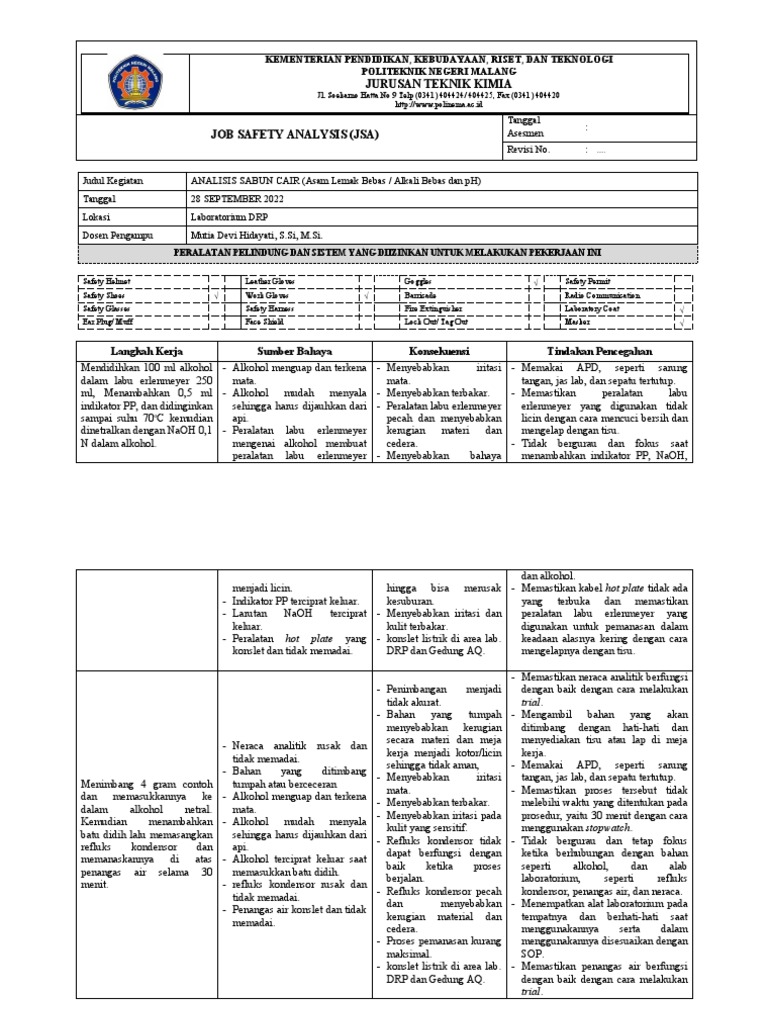 Karima Nur Faikoha - 2D D4 TKI - JSA - Analisis Sabun Cair | PDF