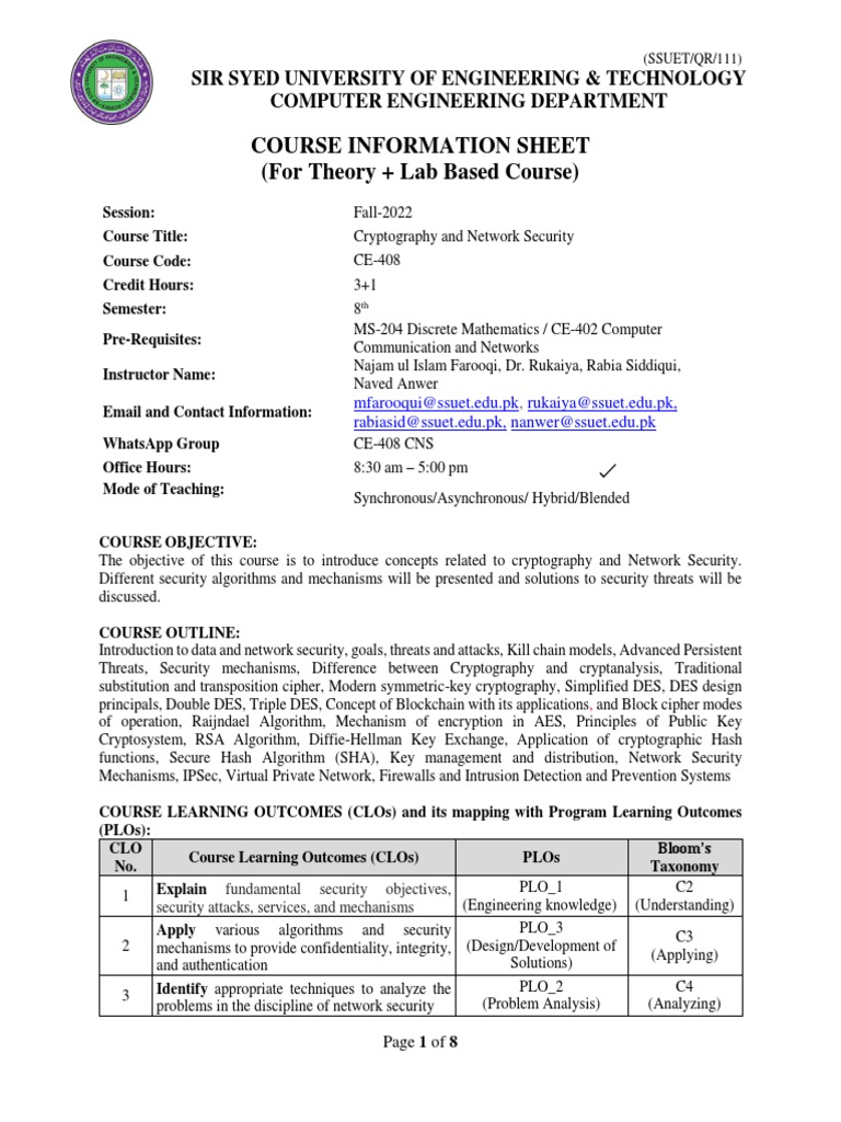 (CE-408) CIS-Theory+Lab Course-Fall-2022 | PDF | Cryptography | Encryption