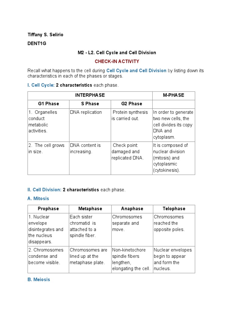 m2 l2. Check in Activity | PDF | Meiosis | Mitosis