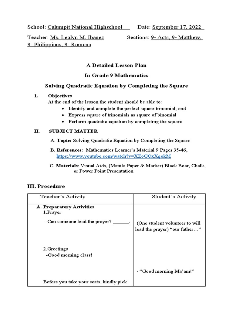 Solving Quadratic by Completing The Square DLP - Asd | PDF | Factorization | Equations
