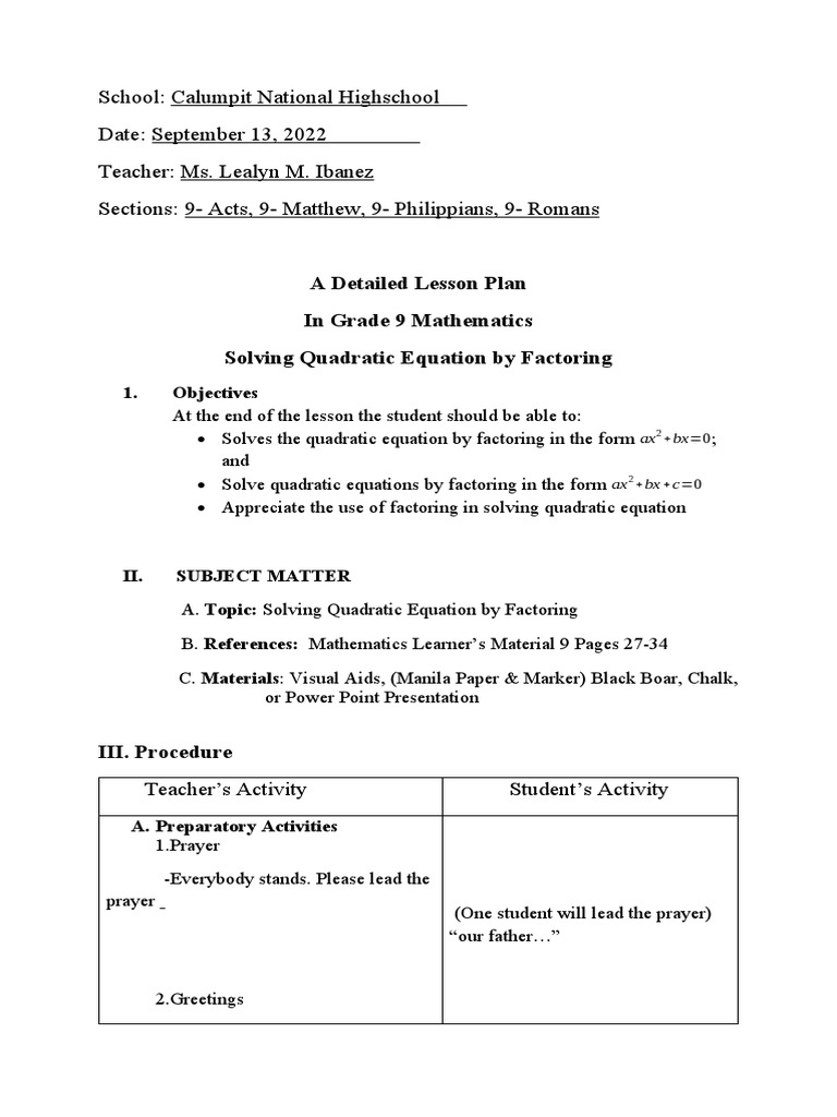 Grade 9 Lesson Plan: Factoring Quadratics | PDF | Equations | Quadratic Equation