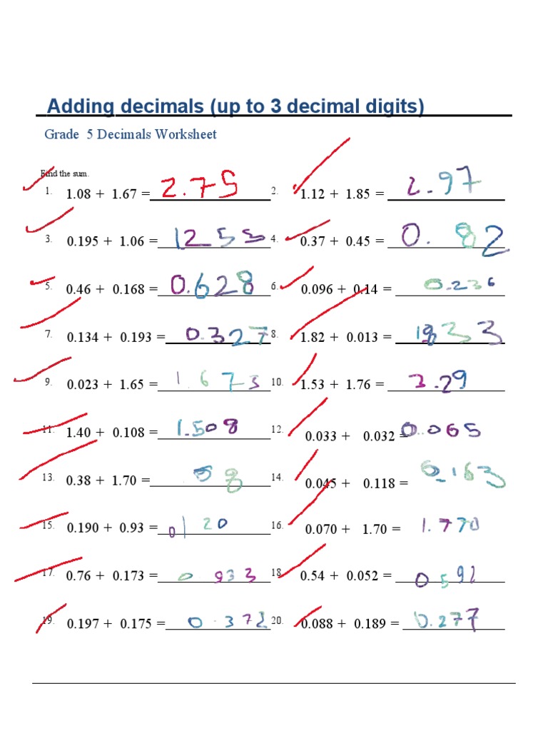Grade 5 Adding Decimals 3 Digit A | PDF