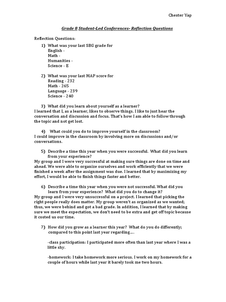 Student Led Conference Questions | PDF | Learning | Teachers