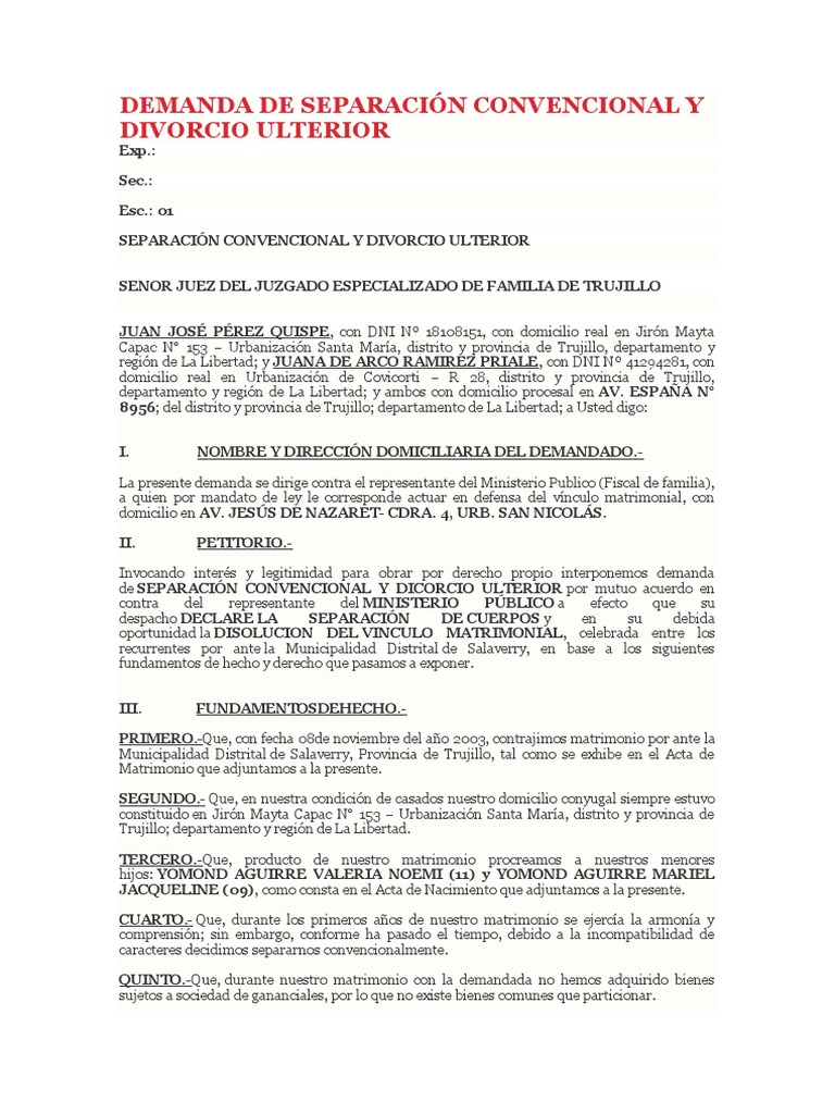 Demanda de Separación Convencional y Divorcio Ulterior | PDF | Divorcio ... Demanda de Separación Convencional y Divorcio Ulterior | PDF | Divorcio ...