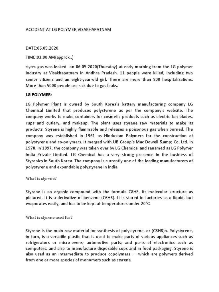 Accident at LG Polymer | PDF | Polystyrene | Chemistry