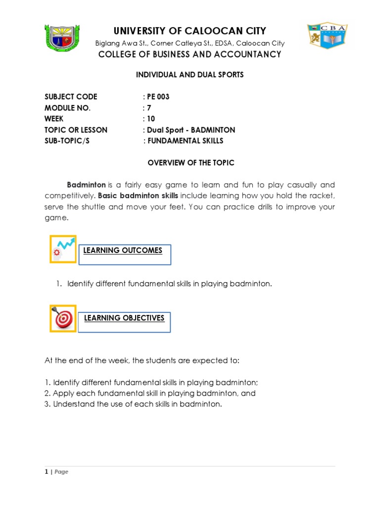 PE 003 CBA Module 7 Week 10 Badminton Fundamental Skills 1 | PDF ...
