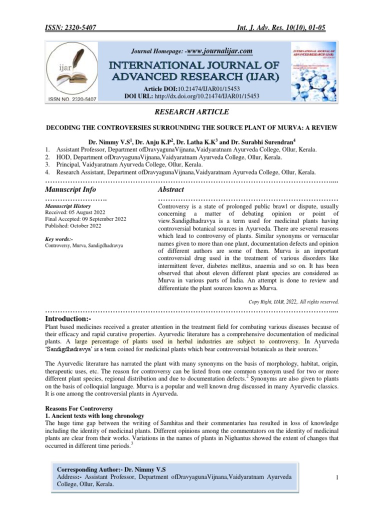 Murva Source Plant Controversies | PDF | Ayurveda | Botany
