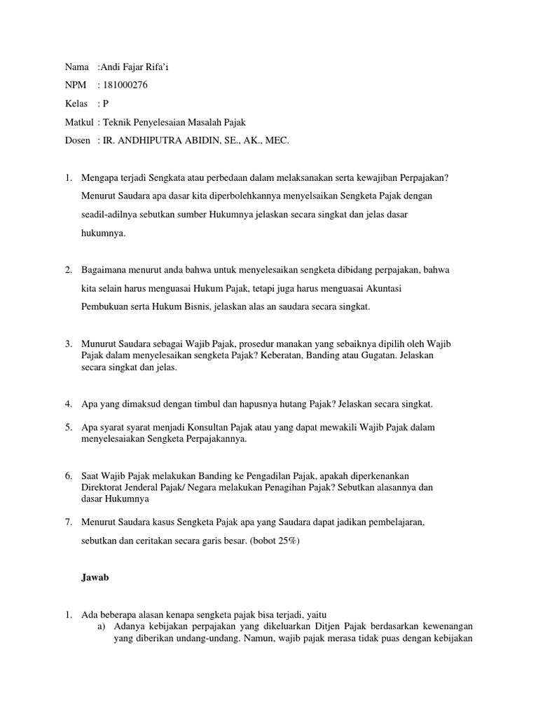 Andi Fajar Rifa'i (181000276) P Uas Penyelesaian Sengketa Pajak | PDF