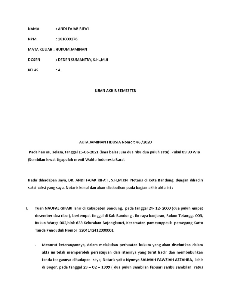 Uas Hukum Jaminan Andi Fajar Rifa'i (181000276) A | PDF