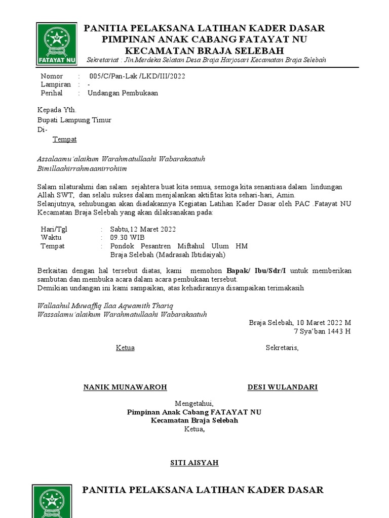 Undangan Latihan Kader Fatayat NU | PDF | Agama & Spiritualitas