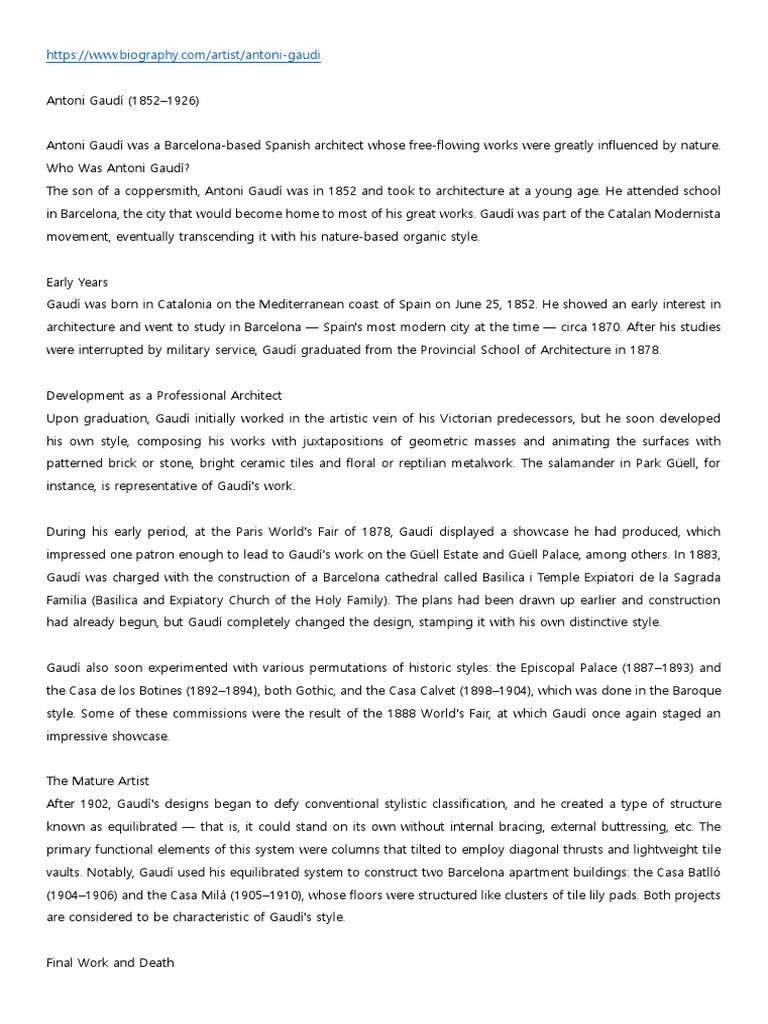 Biography Antoni Gaudi | Download Free PDF | European Architecture | Style