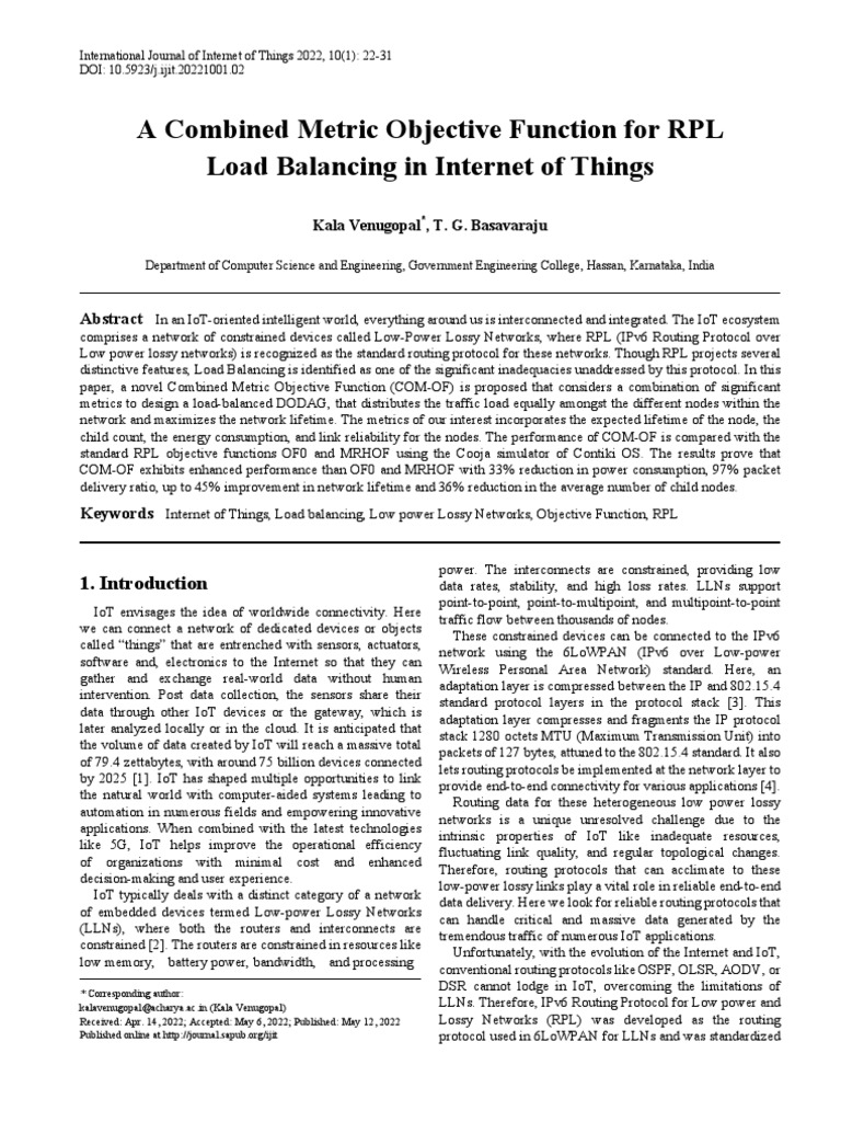 A Combined Metric Objective Function For Rpl Load Balancing In Iot Pdf Routing Computer 2895