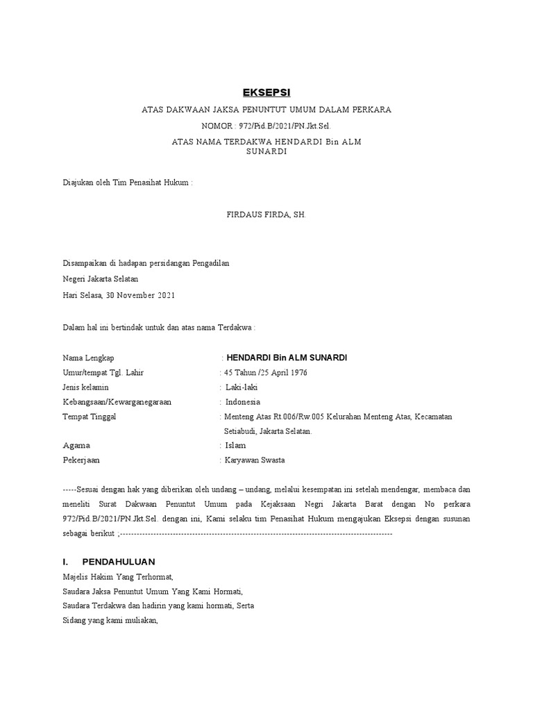 Eksepsi Hukum Terdakwa Hendardi | PDF
